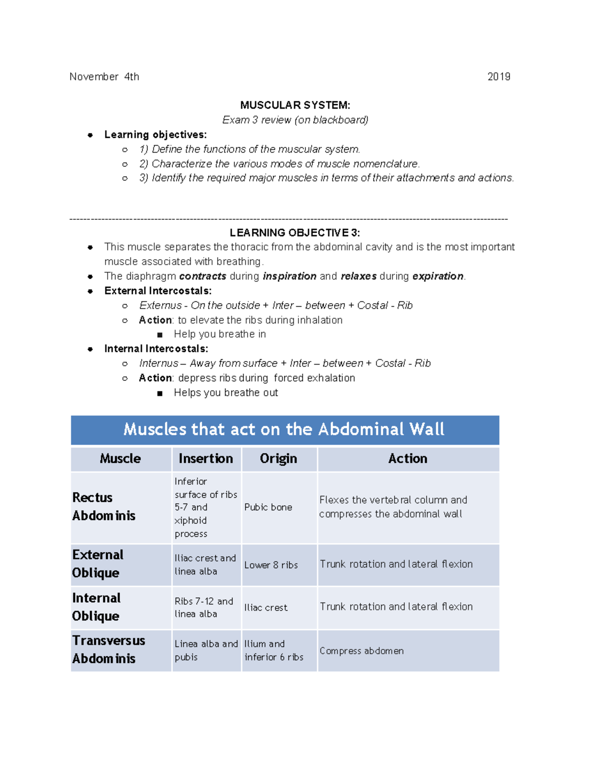 EXAM 4 - Organized notes - November 4th 2019 MUSCULAR SYSTEM: Exam 3 ...