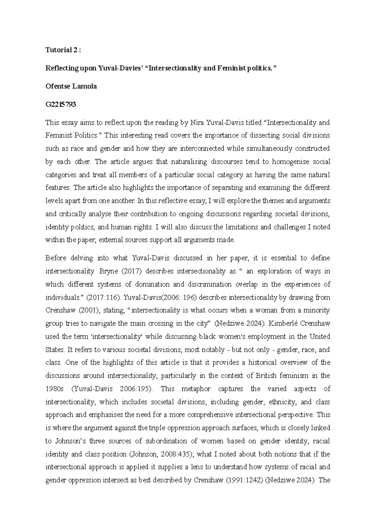 Reflective essay on intersectionality - Tutorial 2 : Reflecting upon ...