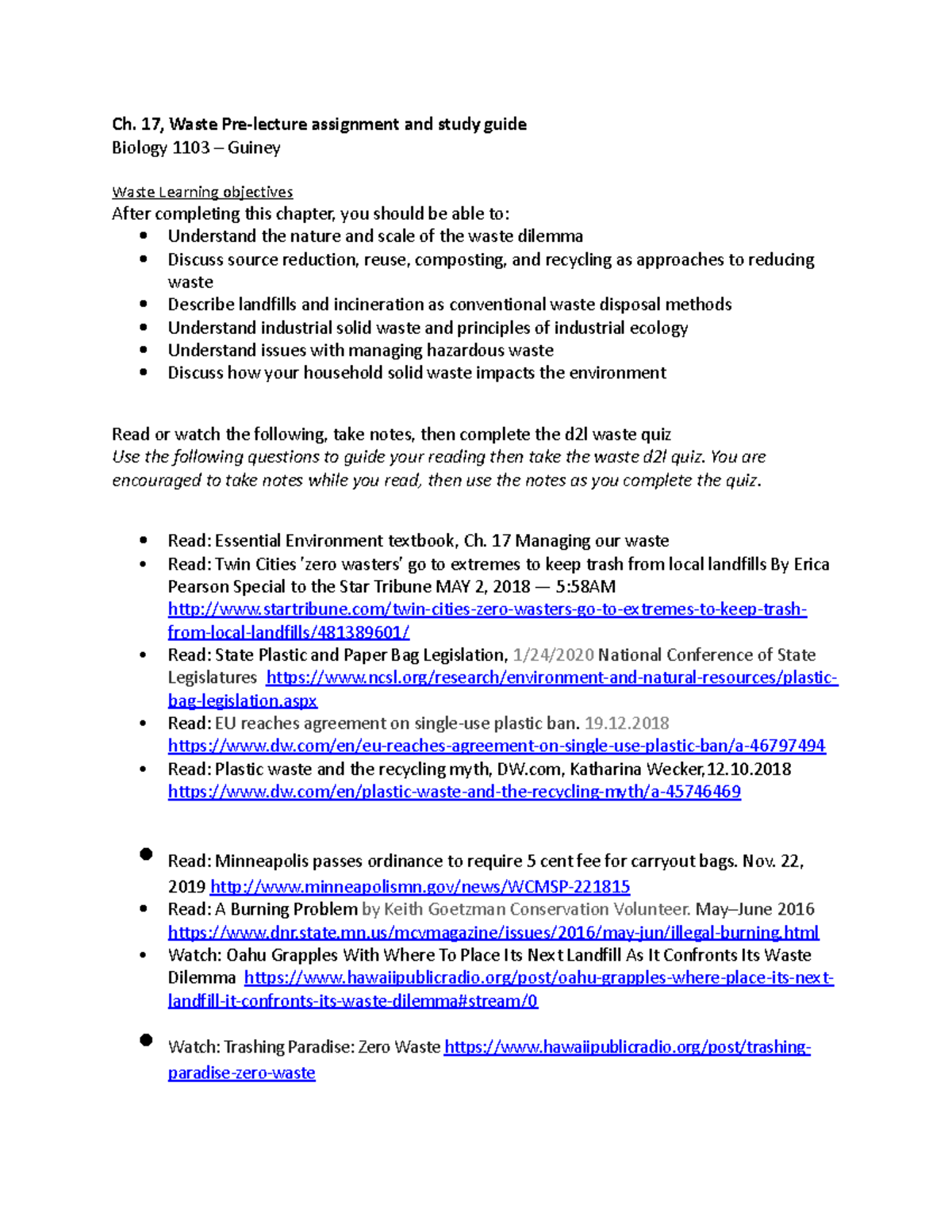 Waste pre-lecture assignment - Ch. 17, Waste Pre-lecture assignment and ...