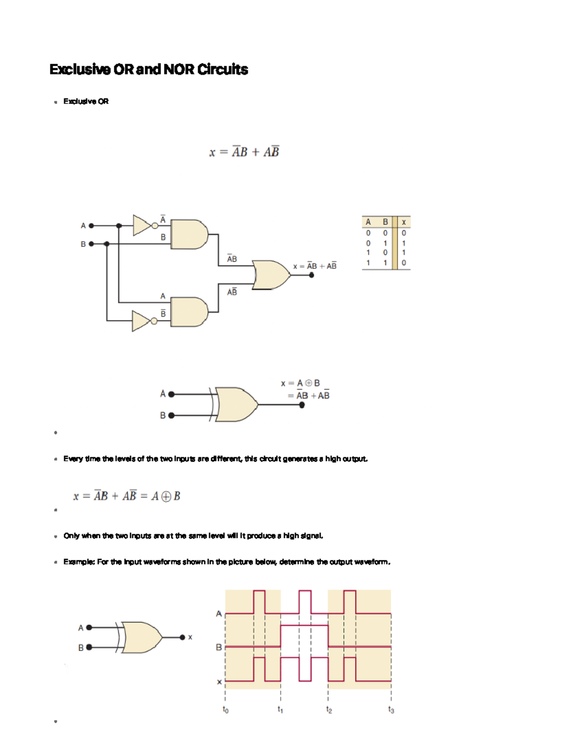 Exclusive OR and NOR Circuits - O n l y w h e n t h e t wo i n p u ts a ...