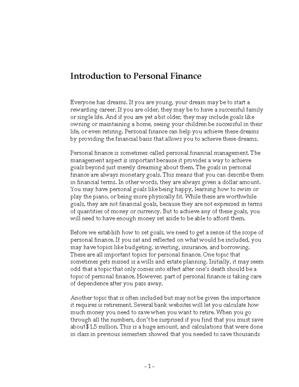 Introduction to Personal Finance - 1 - Introduction to Personal Finance ...