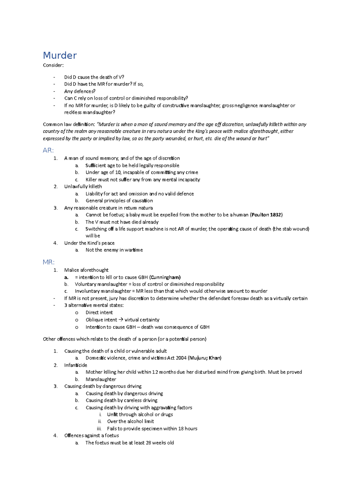 Murder - My own notes on - Murder Consider: Did D cause the death of V ...