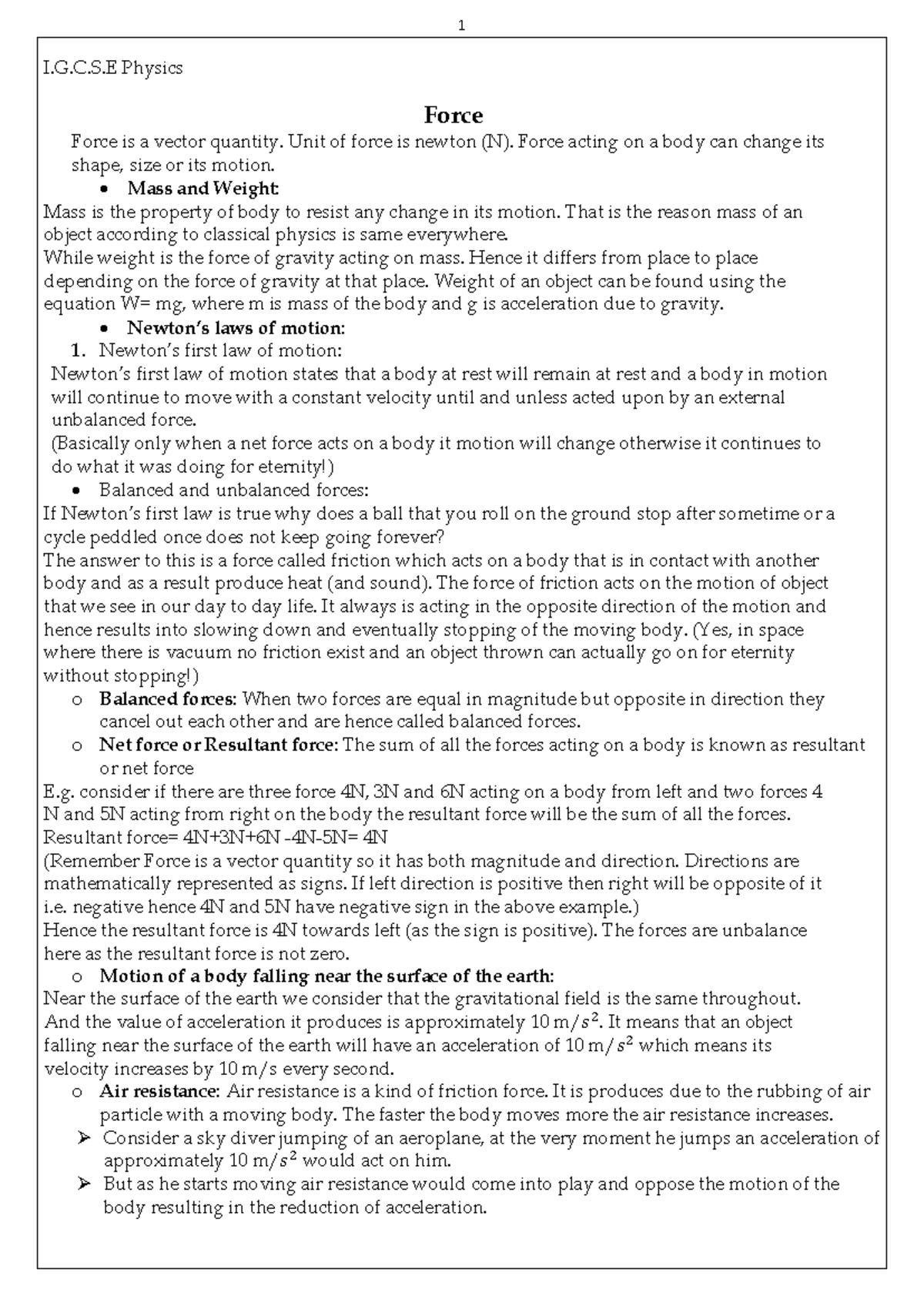 Igcse Physics notes Forces - I.G.C.S Physics Force Force is a vector ...