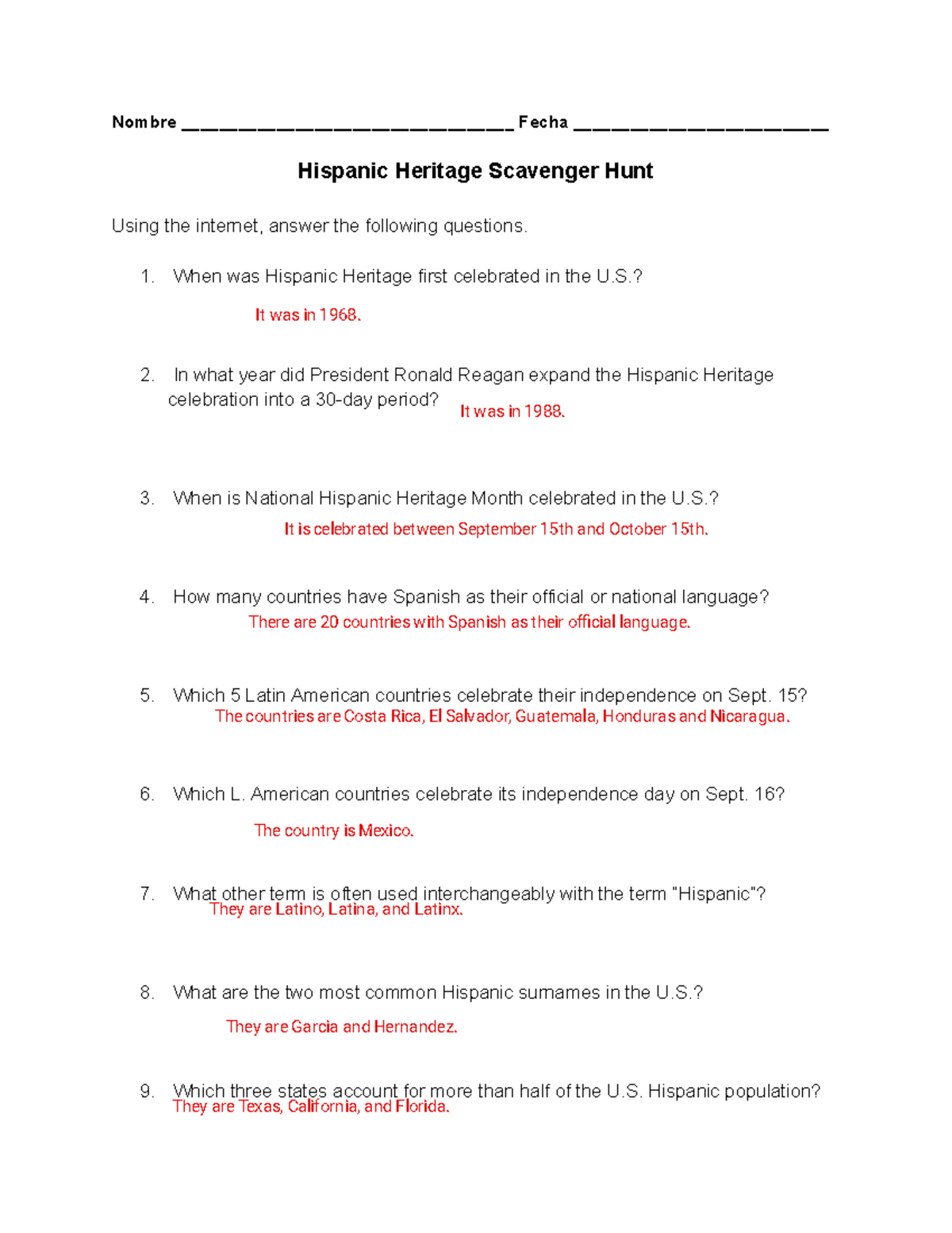Kami Export - Hispanic Heritage Scavenger Hunt. (1) - Nombre