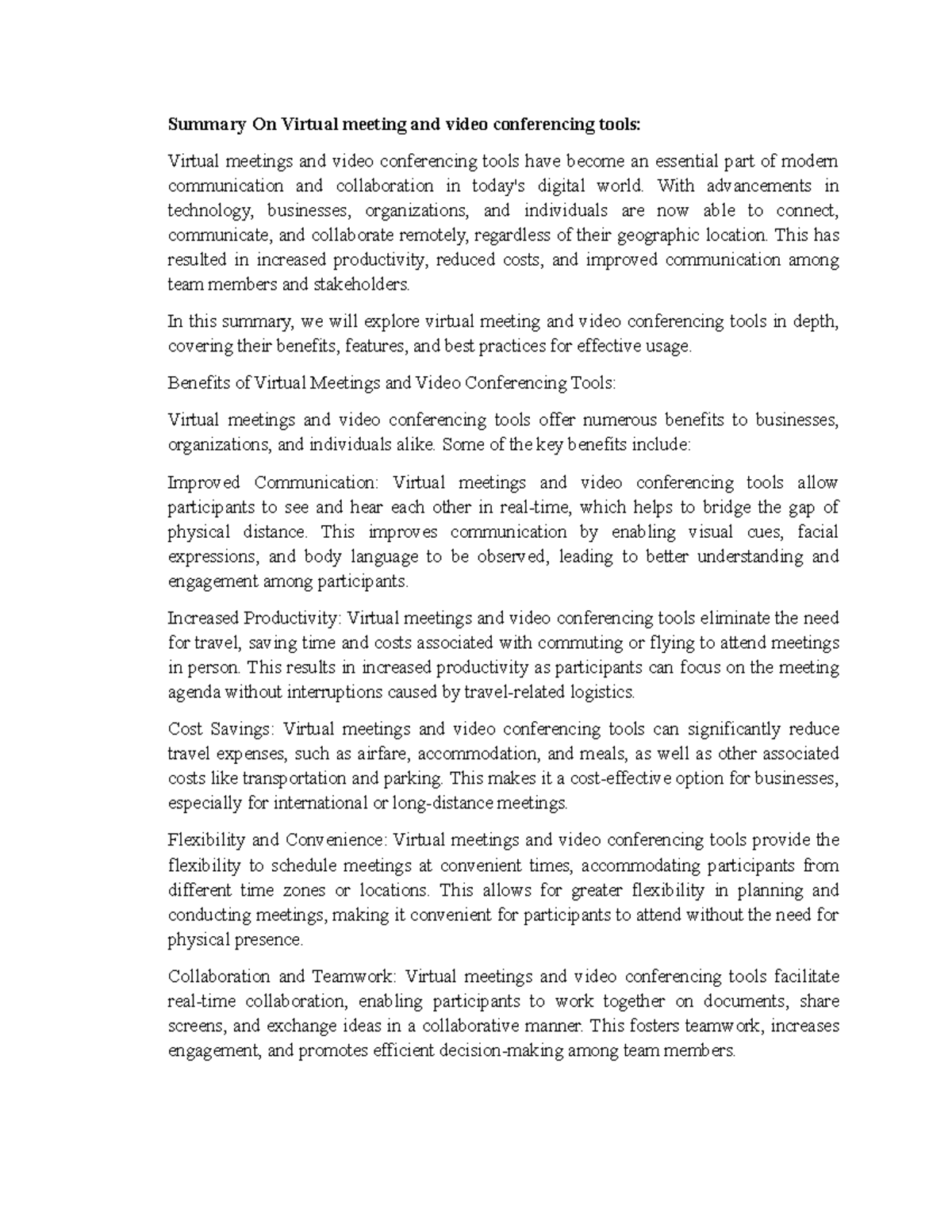 Summary On Virtual meeting and video conferencing tools - With ...