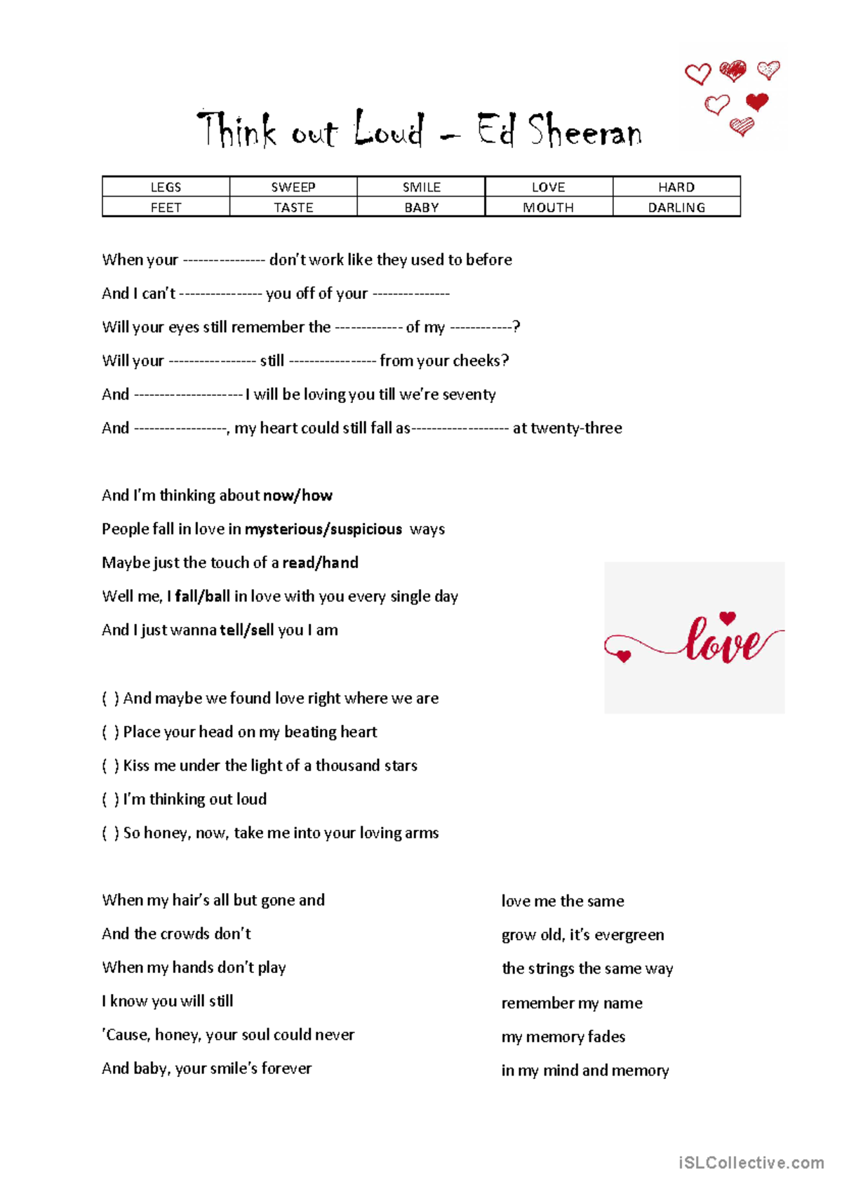 Song - Ed sheeran worksheet - Think out Loud – Ed Sheeran LEGS SWEEP ...