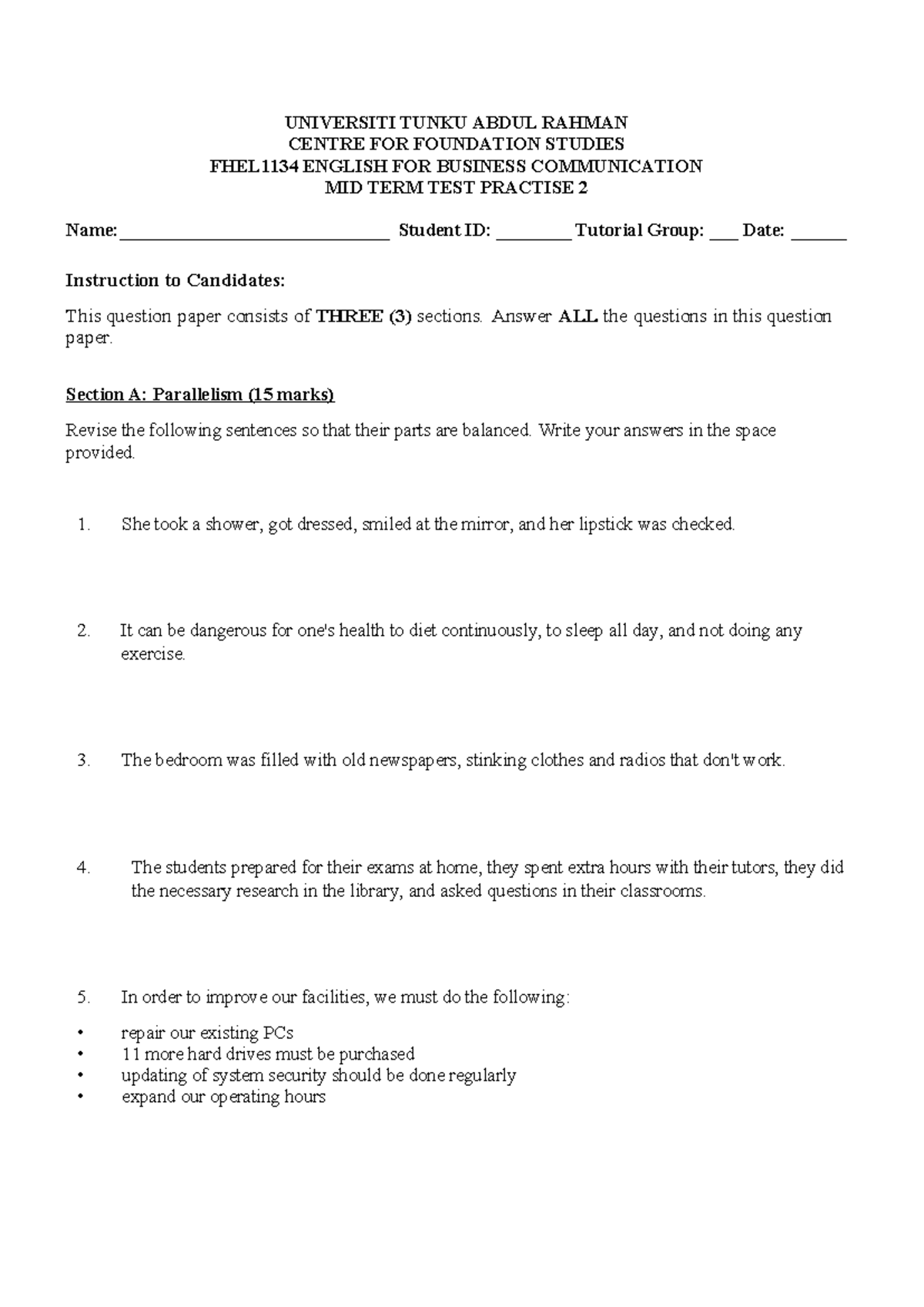 Tutorial 5 Mid Term Test Practise 2 Student - UNIVERSITI TUNKU ABDUL ...