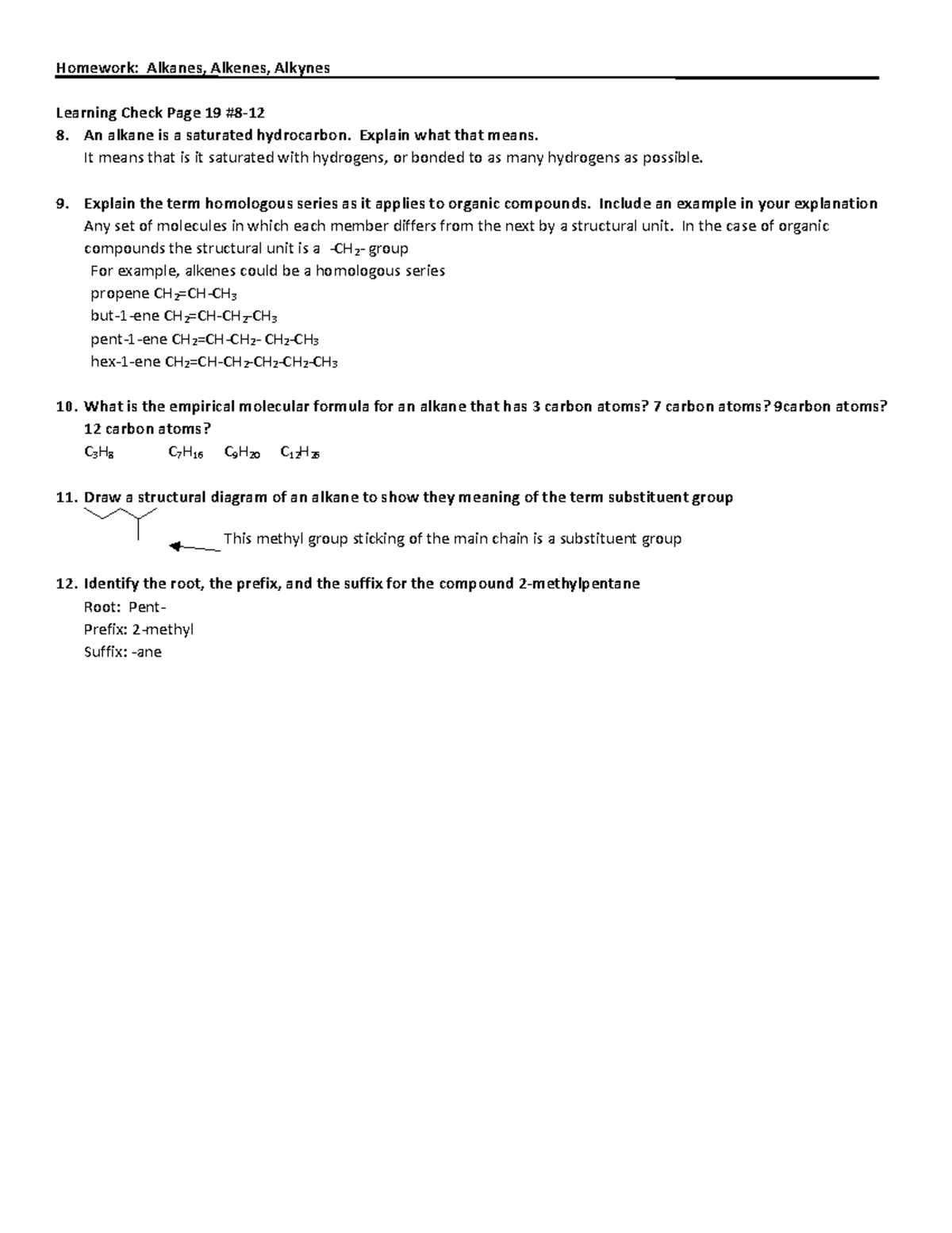Homework alkanes alkenes alkynes 1 - Homework: Alkanes, Alkenes ...