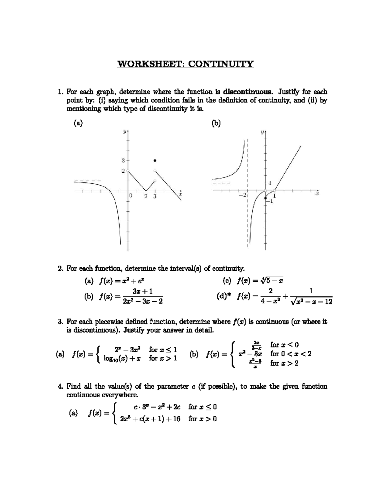 Continuity Worksheet & Key - WORKSHEET: CONTINUITY 1. For each graph ...