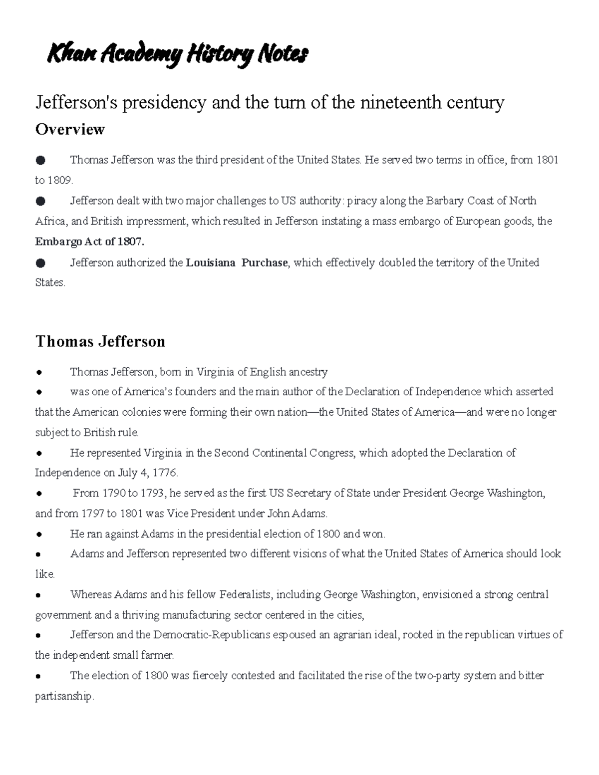 Khan Academy History Notes - Jefferson's presidency and the turn of the ...