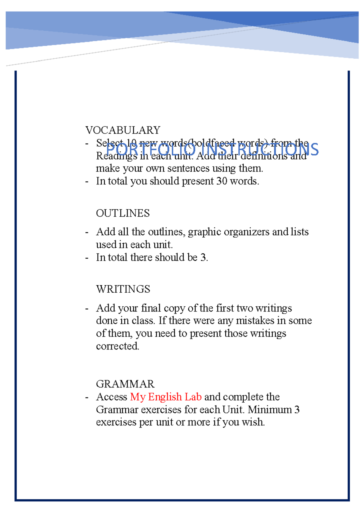 Portfolio Sample for Ss - ####### VOCABULARY Select 10 new words ...