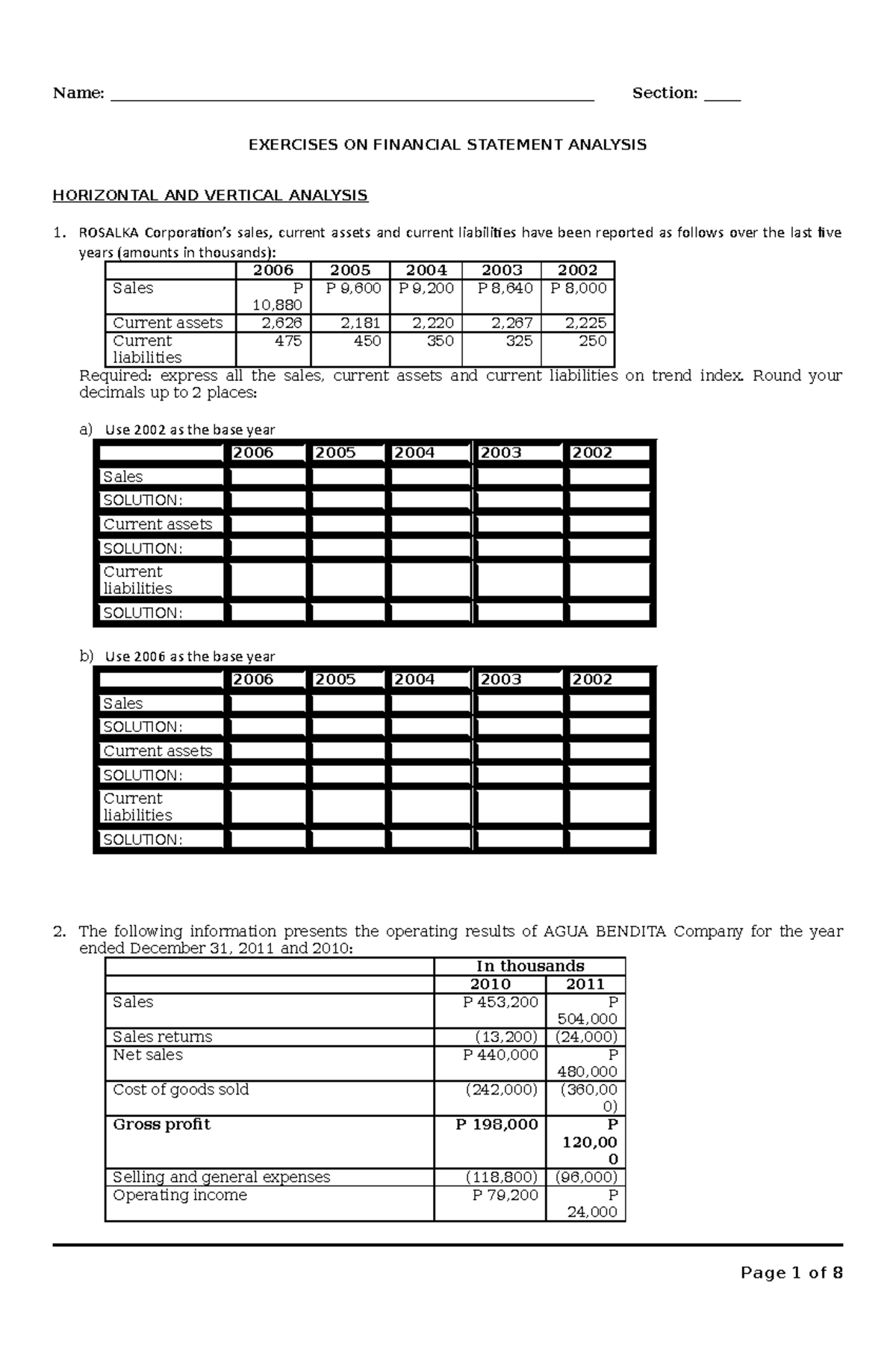 Financial Statement Analysis Exercises - Name: - Studocu