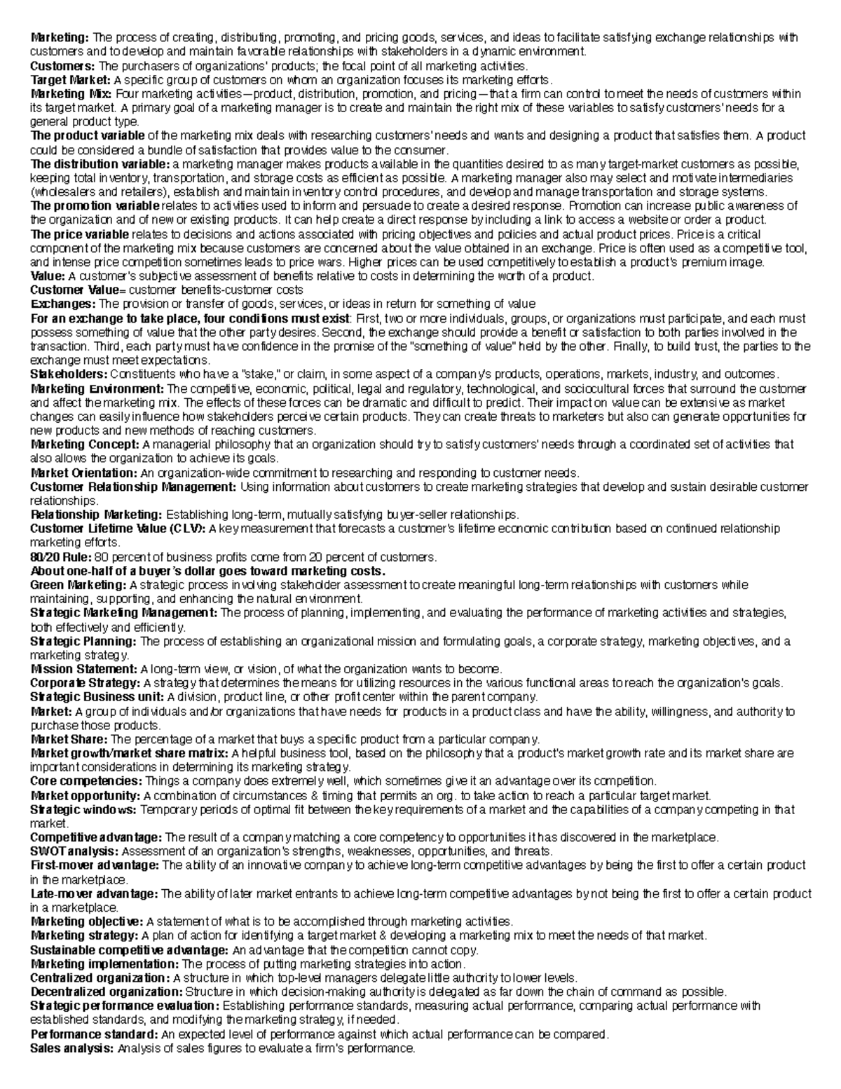 Marketing Study Guide - summary - Marketing: The process of creating ...