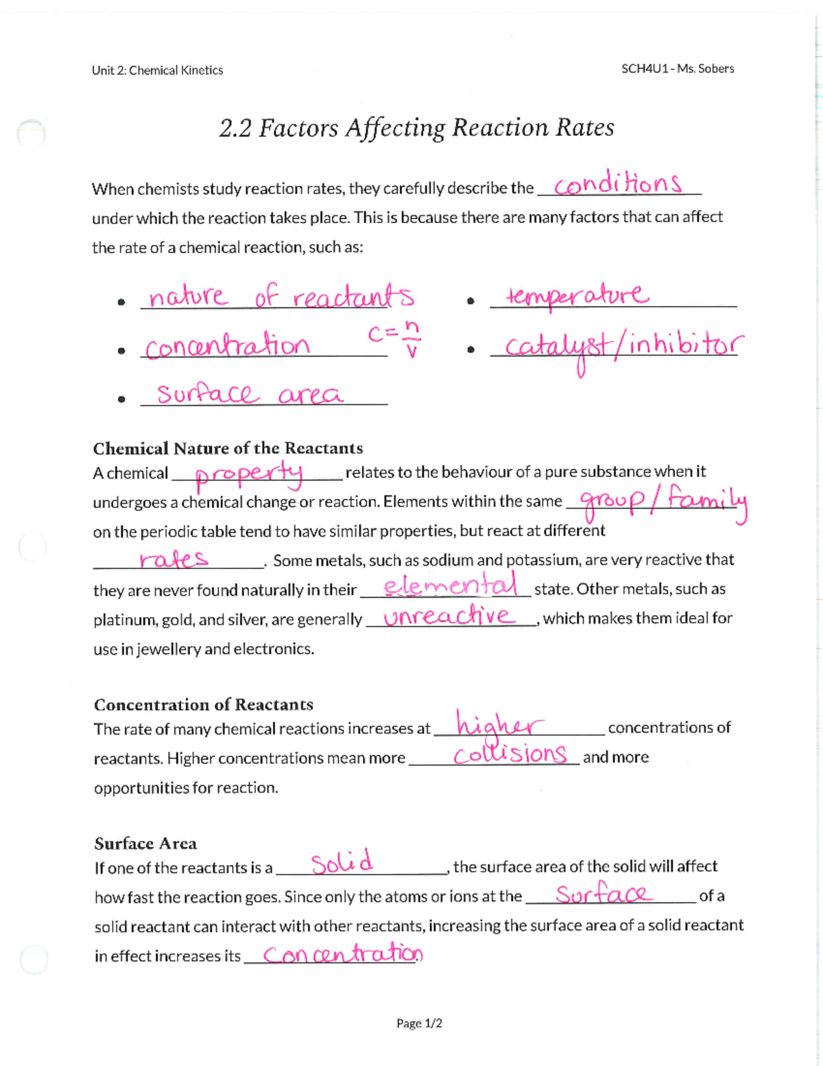 2.2 Factors Affecting Reaction Rates (Filled Out) - QMS210 - Toronto ...