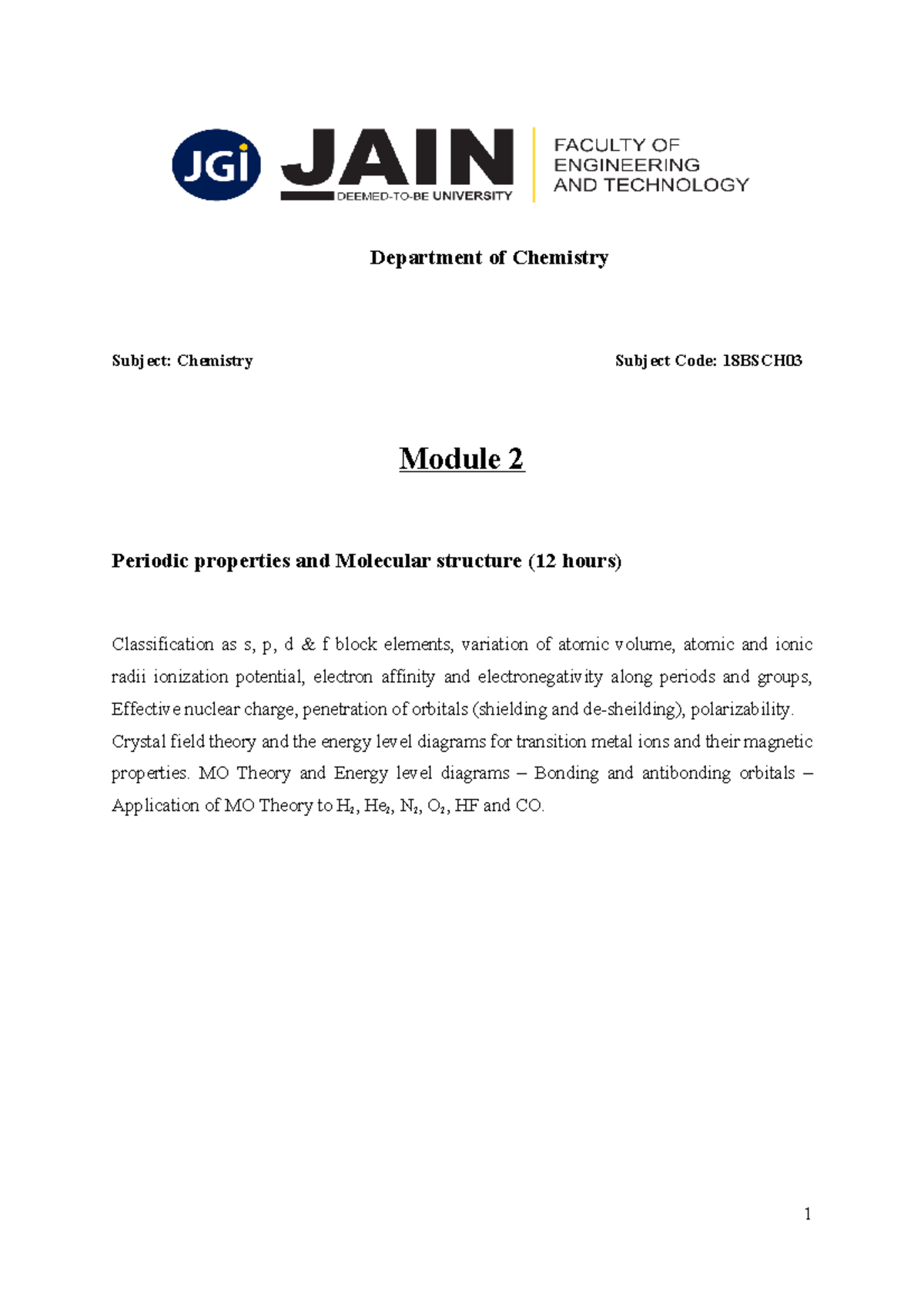 Module 2 Periodic properties and Molecular structure (12 hours ...