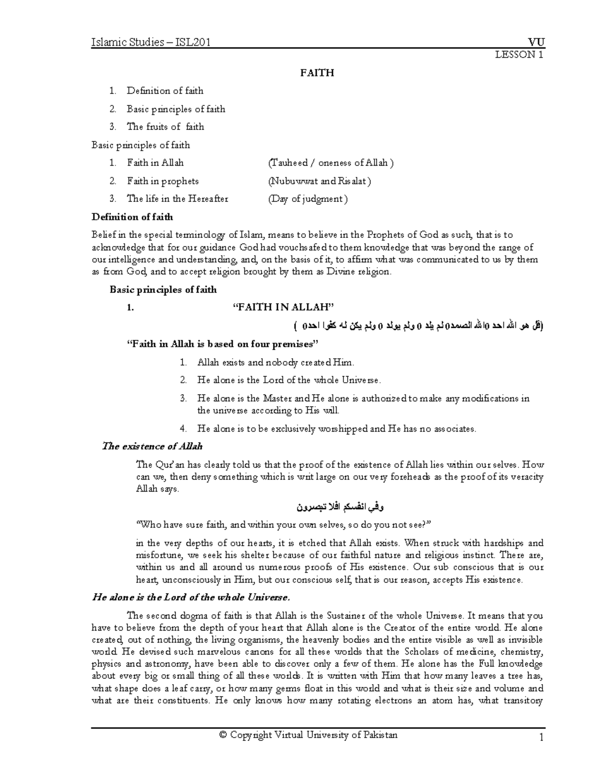 ISL201 Islamic Studies Complete Handouts Pdf - LESSON 1 FAITH ...