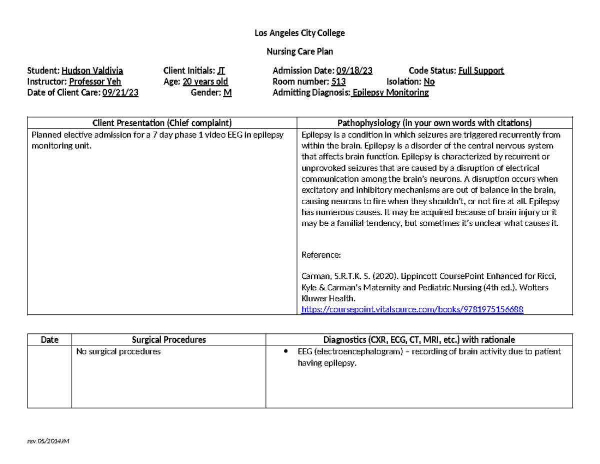 Peds Care Plan 1 - Los Angeles City College Nursing Care Plan Student ...