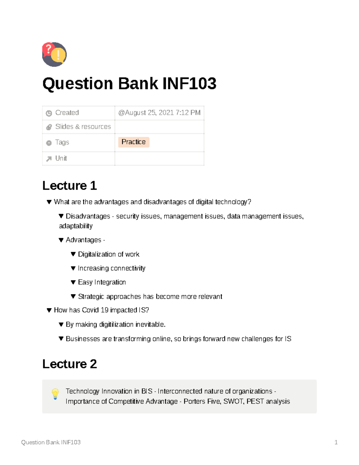 Question Bank INF103 - Just uploading to be able to download. Some ...