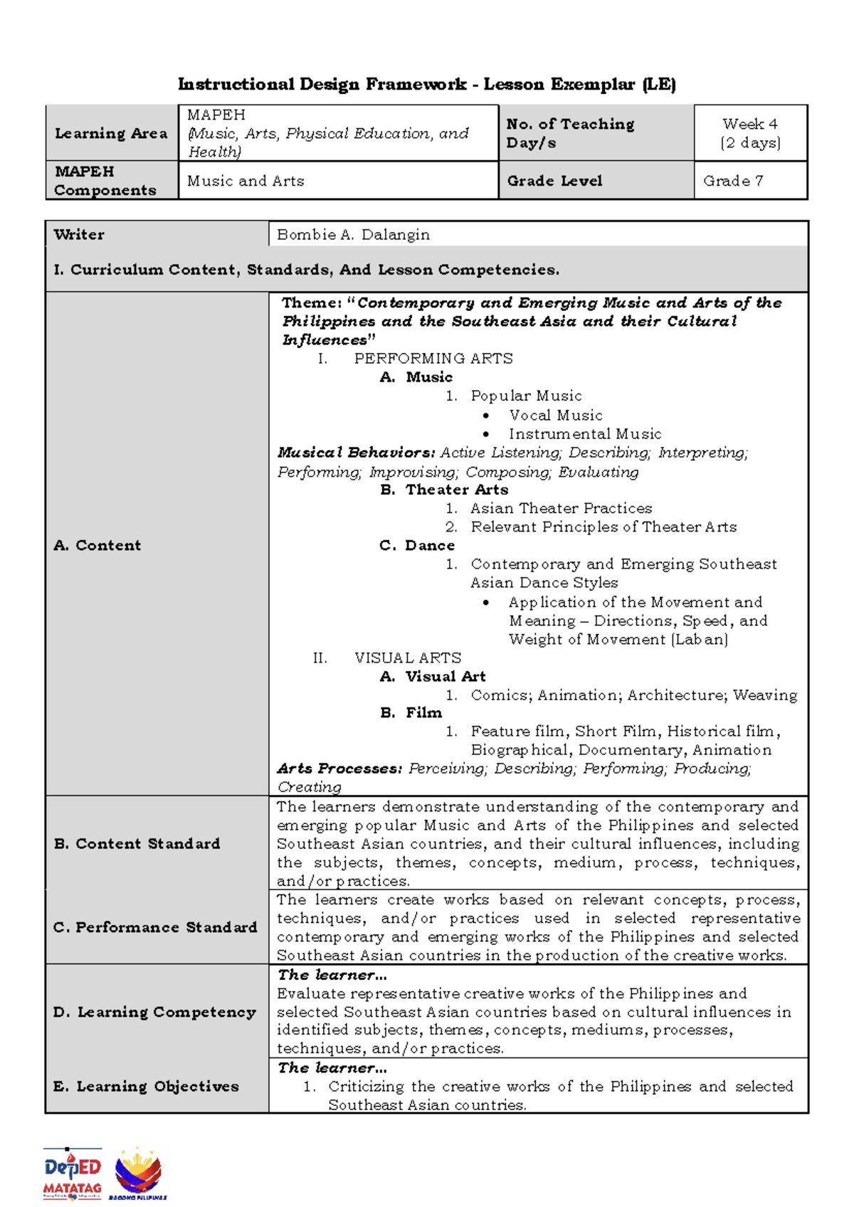 LE Music Arts 7 Week4 v2 - Matatag Curriculum - Instructional Design ...