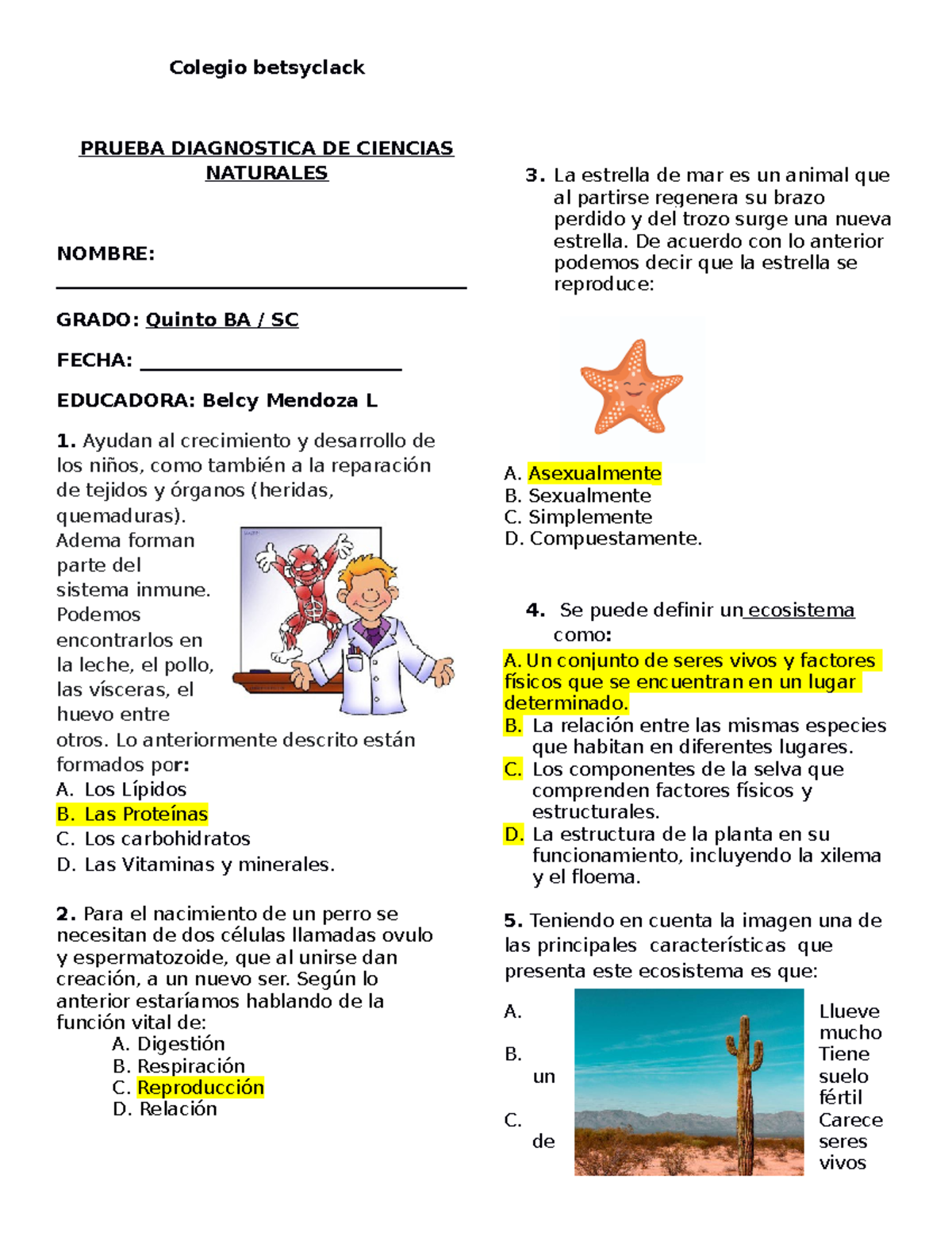 Prueba diagnóstico Ciencias - Colegio betsyclack PRUEBA DIAGNOSTICA DE ...