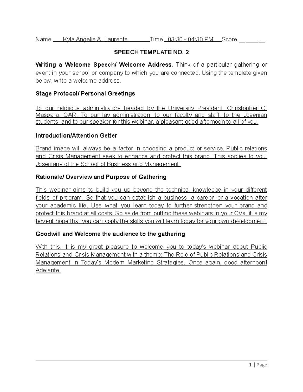 Speech Template NO. 2 - This paper is an example of welcome remarks in ...