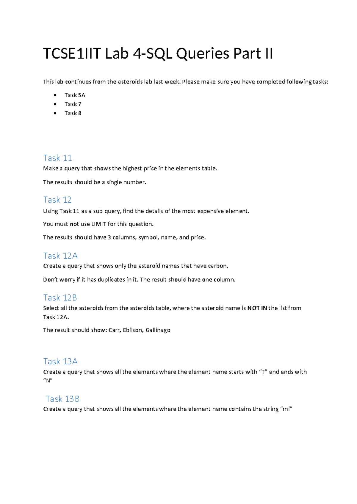 TCSE 1IIT Lab 4 SQL Queries Part II - Task 5A Task 7 Task 8 Make a ...