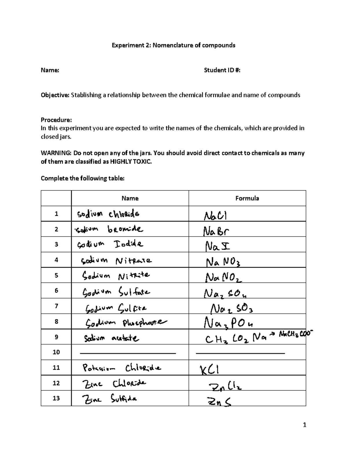 EXP 2 lab report - Experiment 2: Nomenclature of compounds Name: Student ID #: Objective: - Studocu