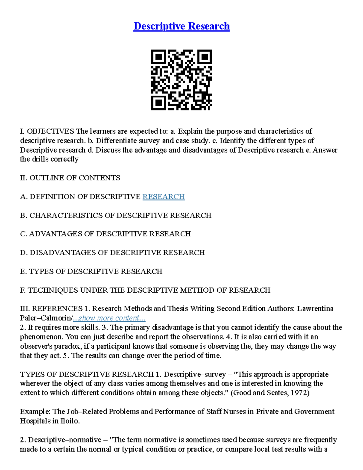 Descriptive Essay Outline Example - Descriptive Research I. OBJECTIVES ...