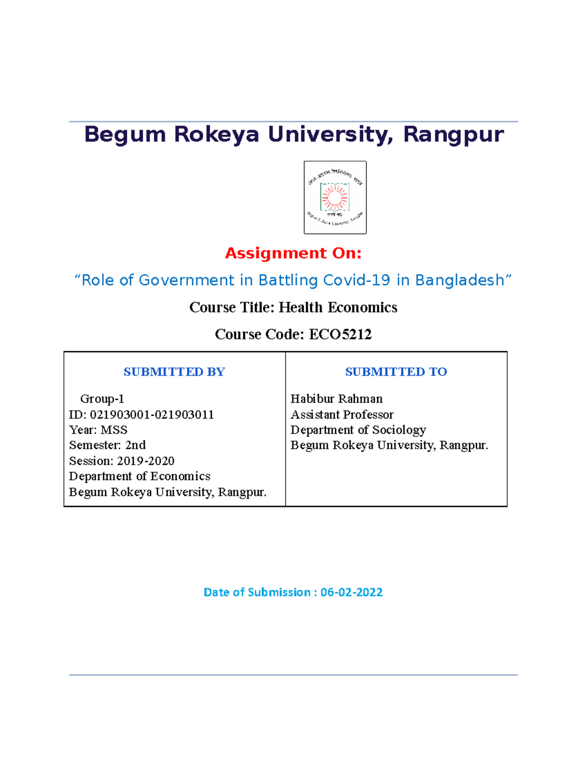Assignment group- 1 - Health Economics - Begum Rokeya University ...