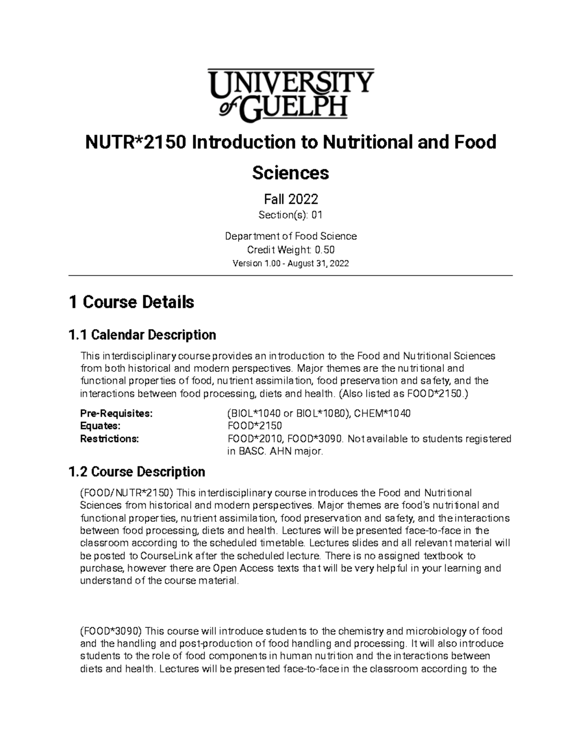 Syllabus - Course Outline - NUTR*2150 Introduction to Nutritional and ...