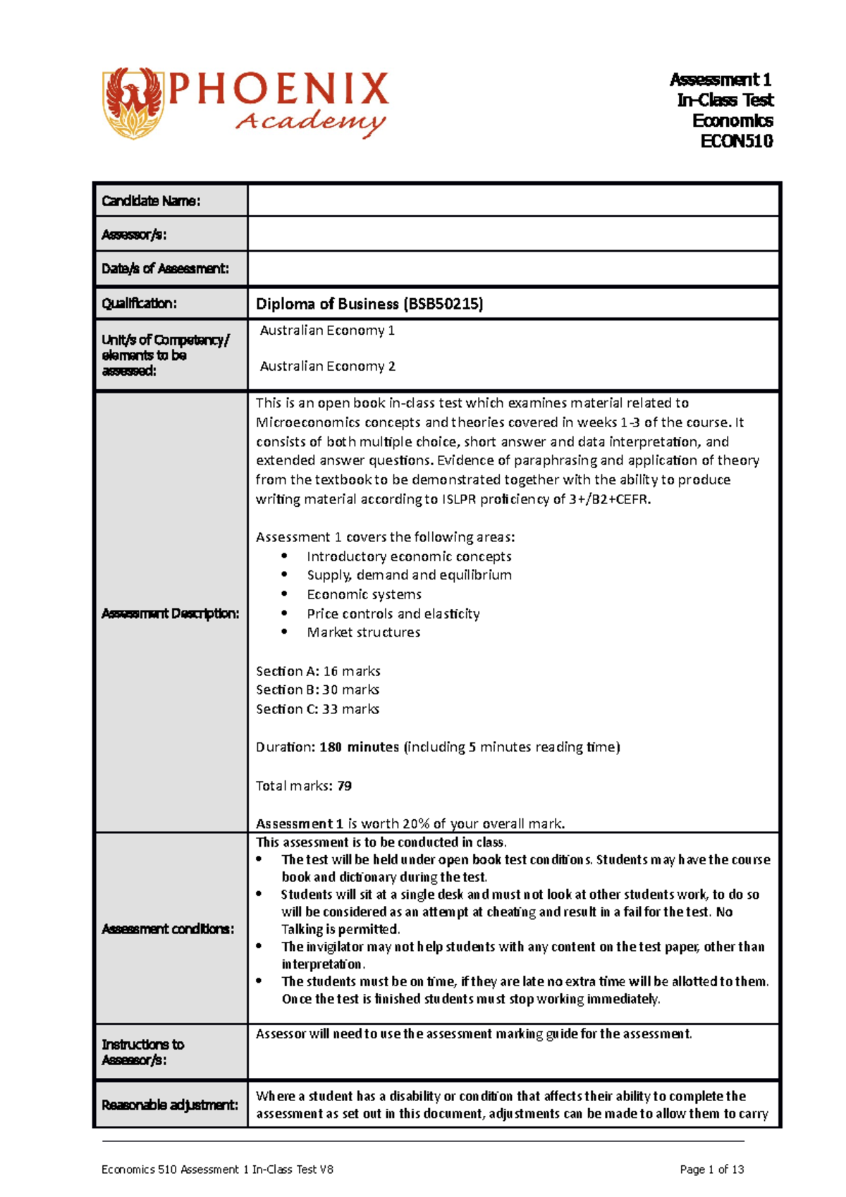 Economics Assessment 1 - Assessment 1 In-Class Test Economics ECON5 10 ...