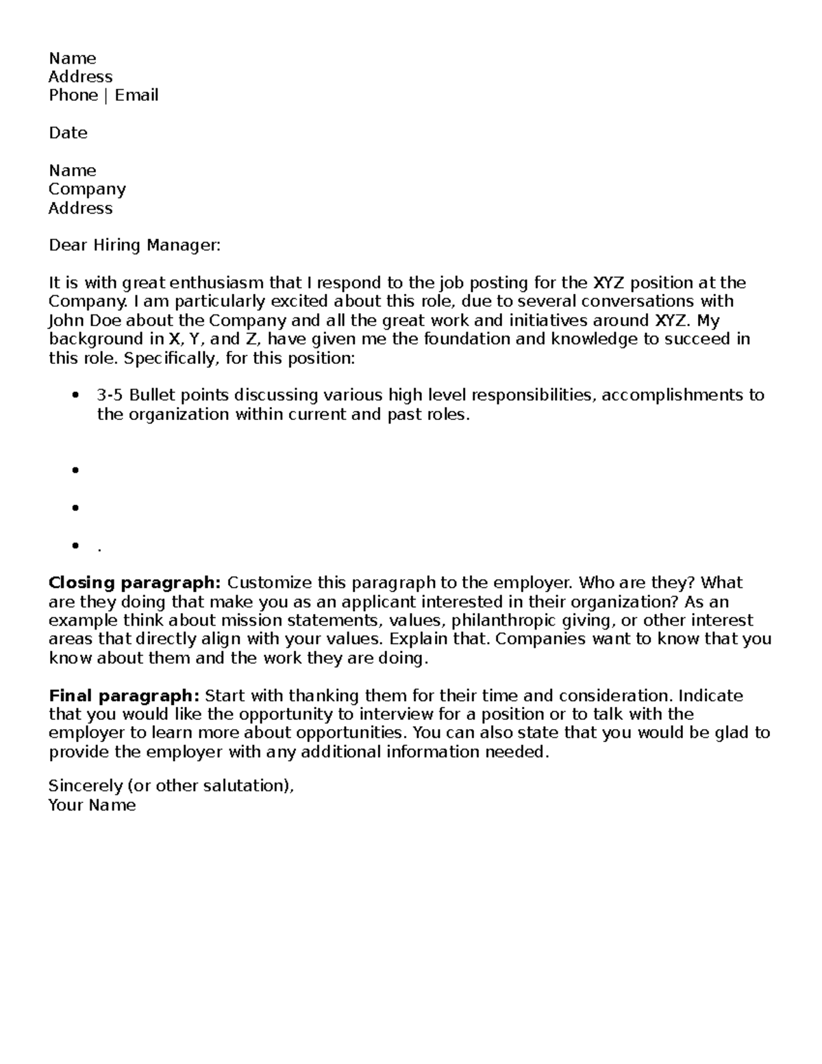 Bullet Point Cover Letter - Name Address Phone | Email Date Name ...