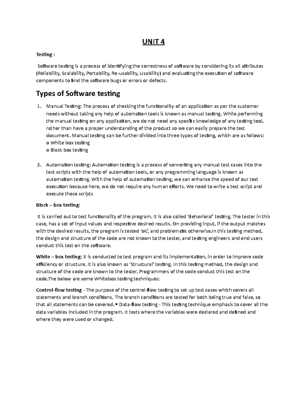 Oose-4 ok - Null - UNIT 4 Testing : Software testing is a process of ...