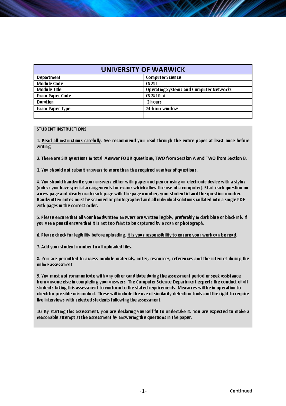 Cs241 27 april 2021 aep - UNIVERSITY OF WARWICK Department Computer Science Module Code CS ...