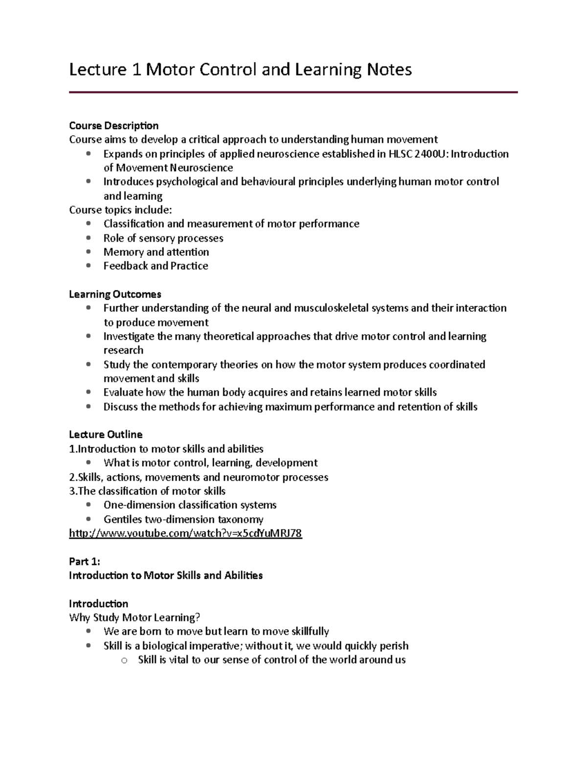 Lecture 1 Motor Control and Learning Notes - Introduction Movement ...
