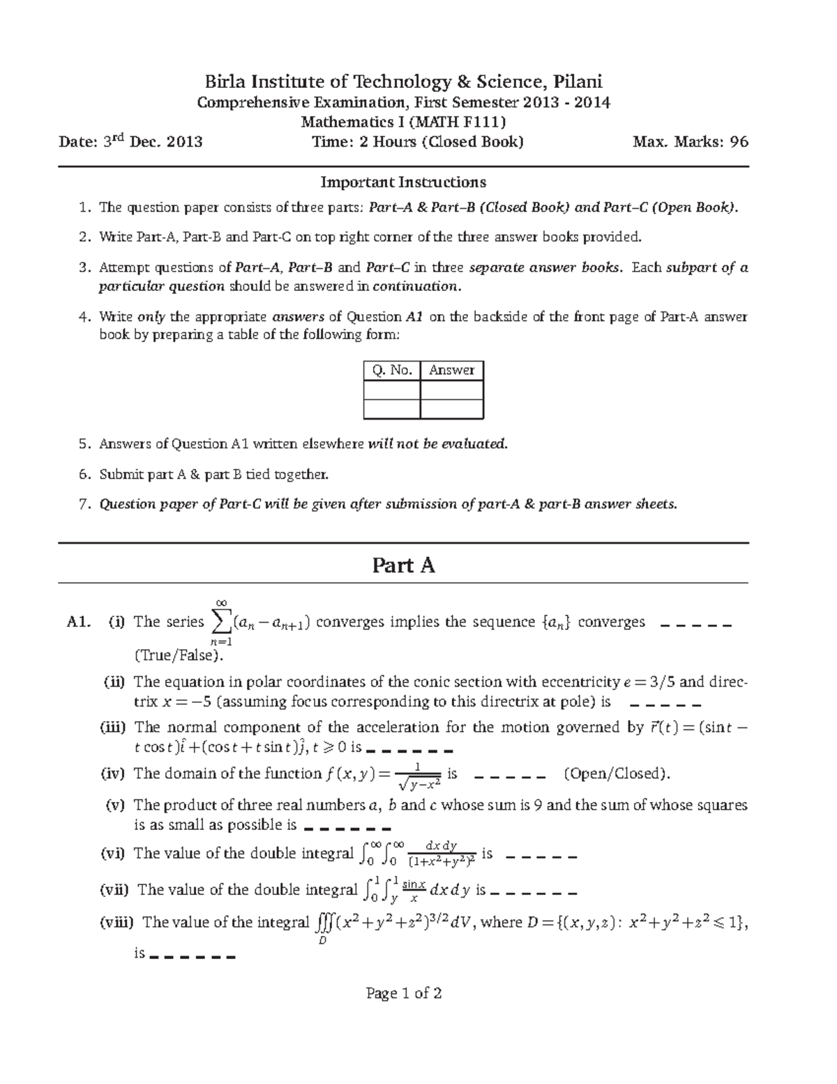 MATH F111 1010 C 2013 1 - Mathematics - I - BITS Pilani - Studocu
