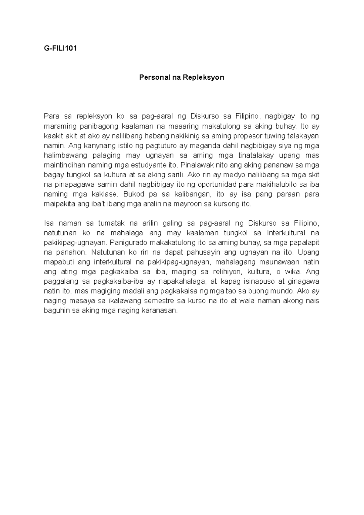 Personal na Repleksyon - G-FILI Personal na Repleksyon Para sa ...