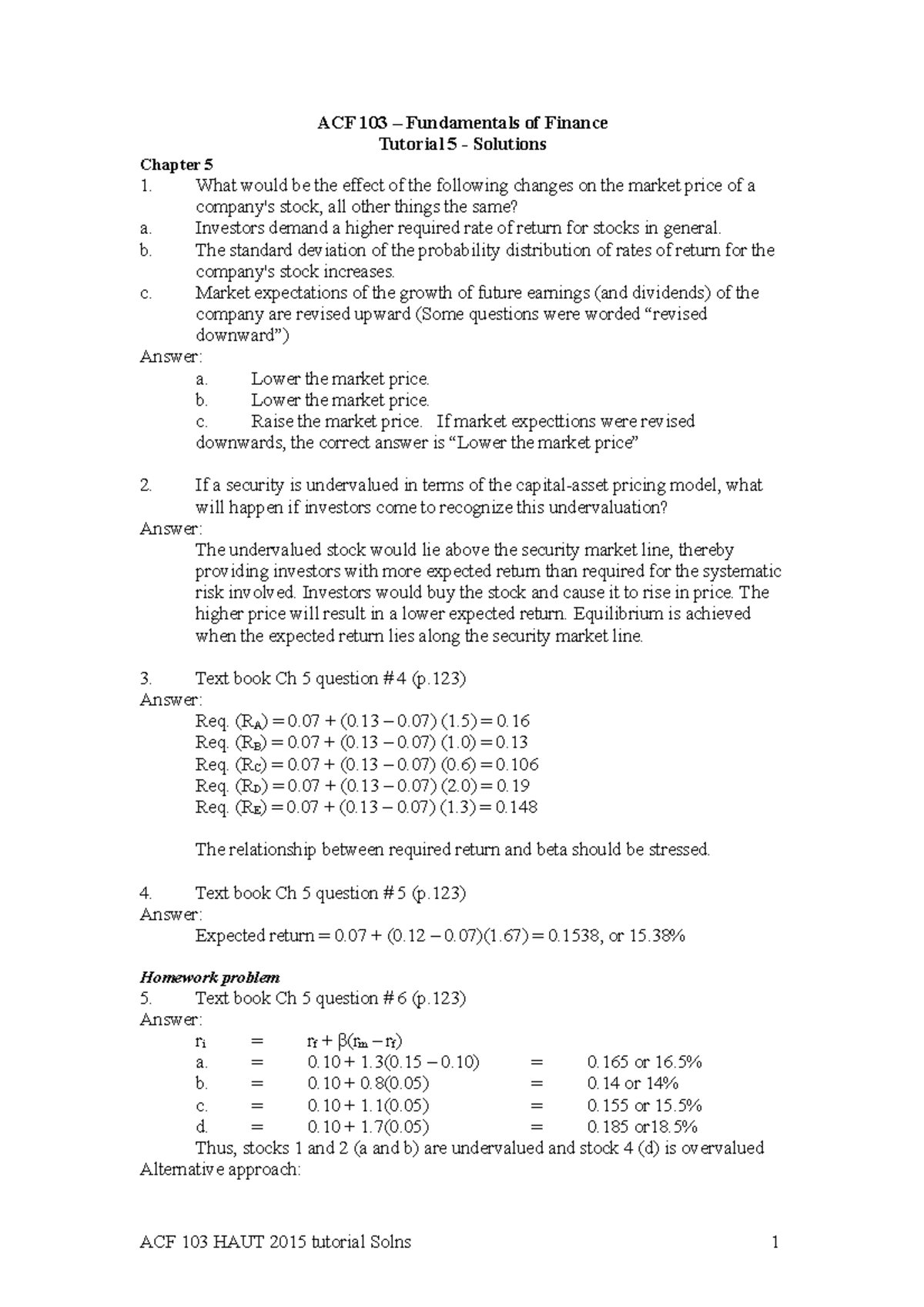 ACF 103 Tutorial 5 Solns 2017 - ACF 103 – Fundamentals of Finance ...