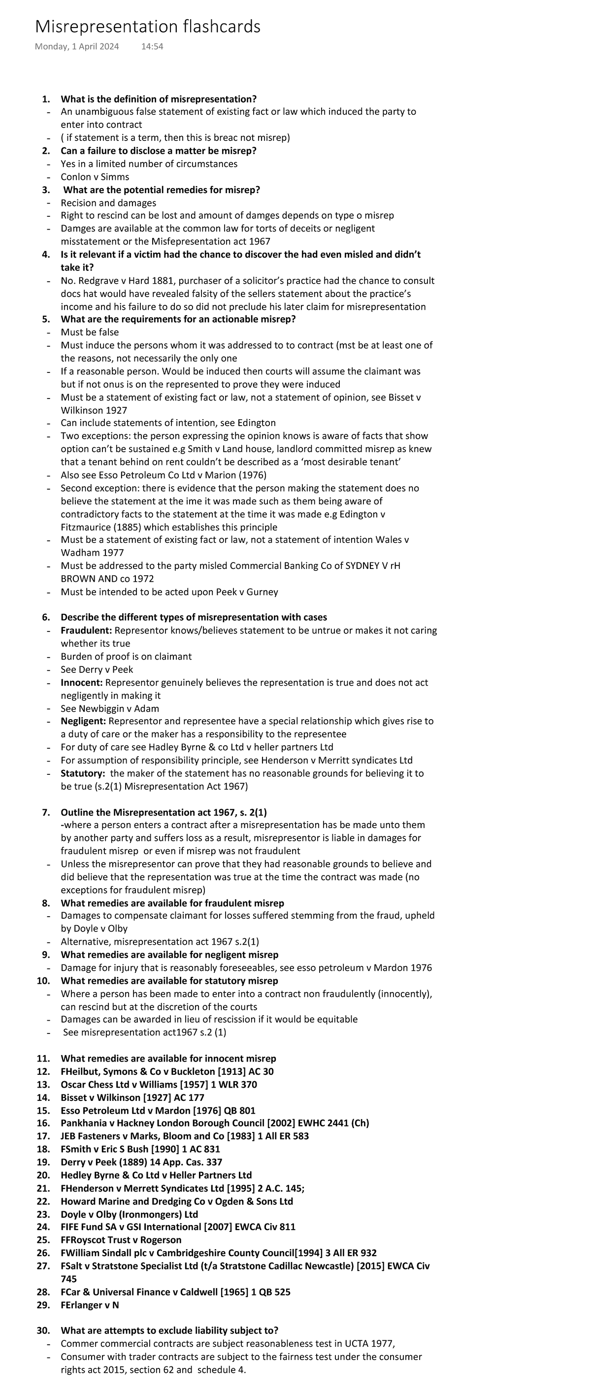 Misrepresentation revision - What is the definition of misrepresentation? An unambiguous false ...