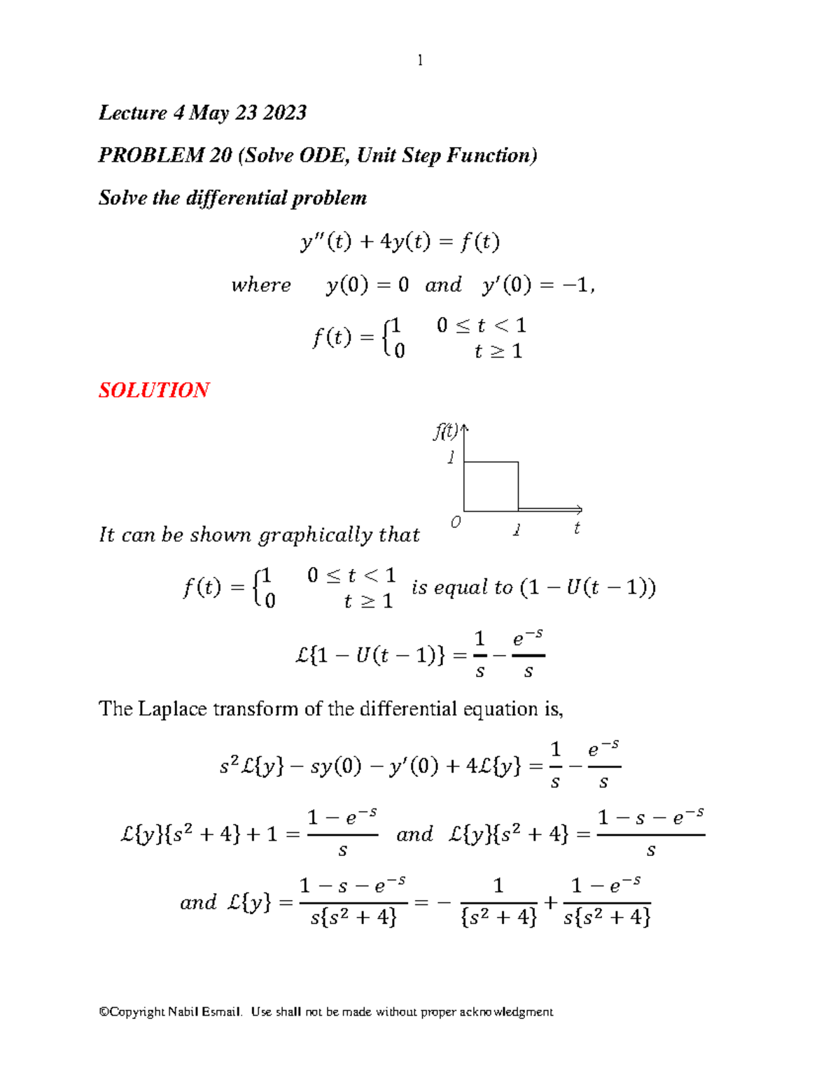 Lecture 4 posted - Lecture 4 May 23 2023 PROBLEM 20 (Solve ODE, Unit ...