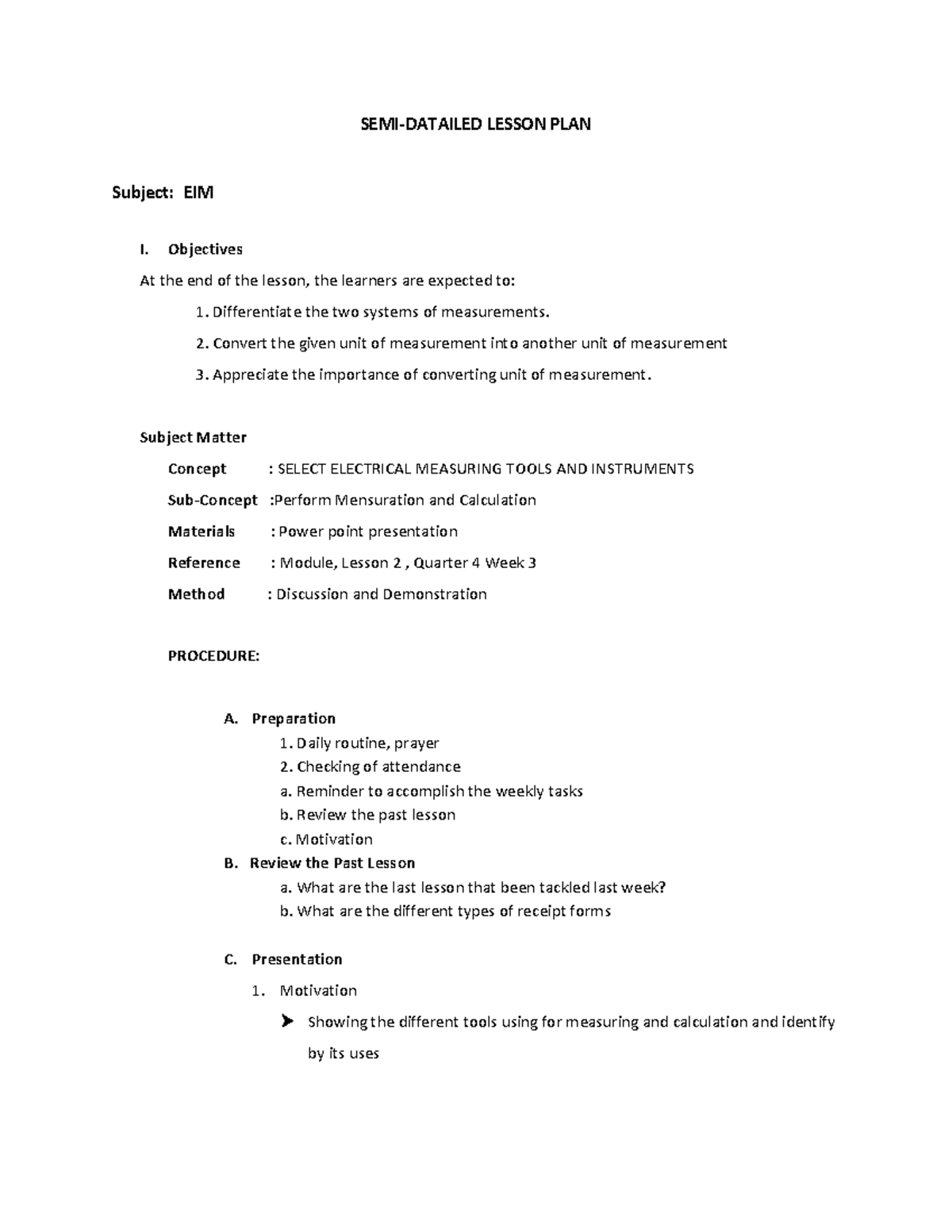 EIM 8 LP - Reference - SEMI-DATAILED LESSON PLAN Subject: EIM I ...