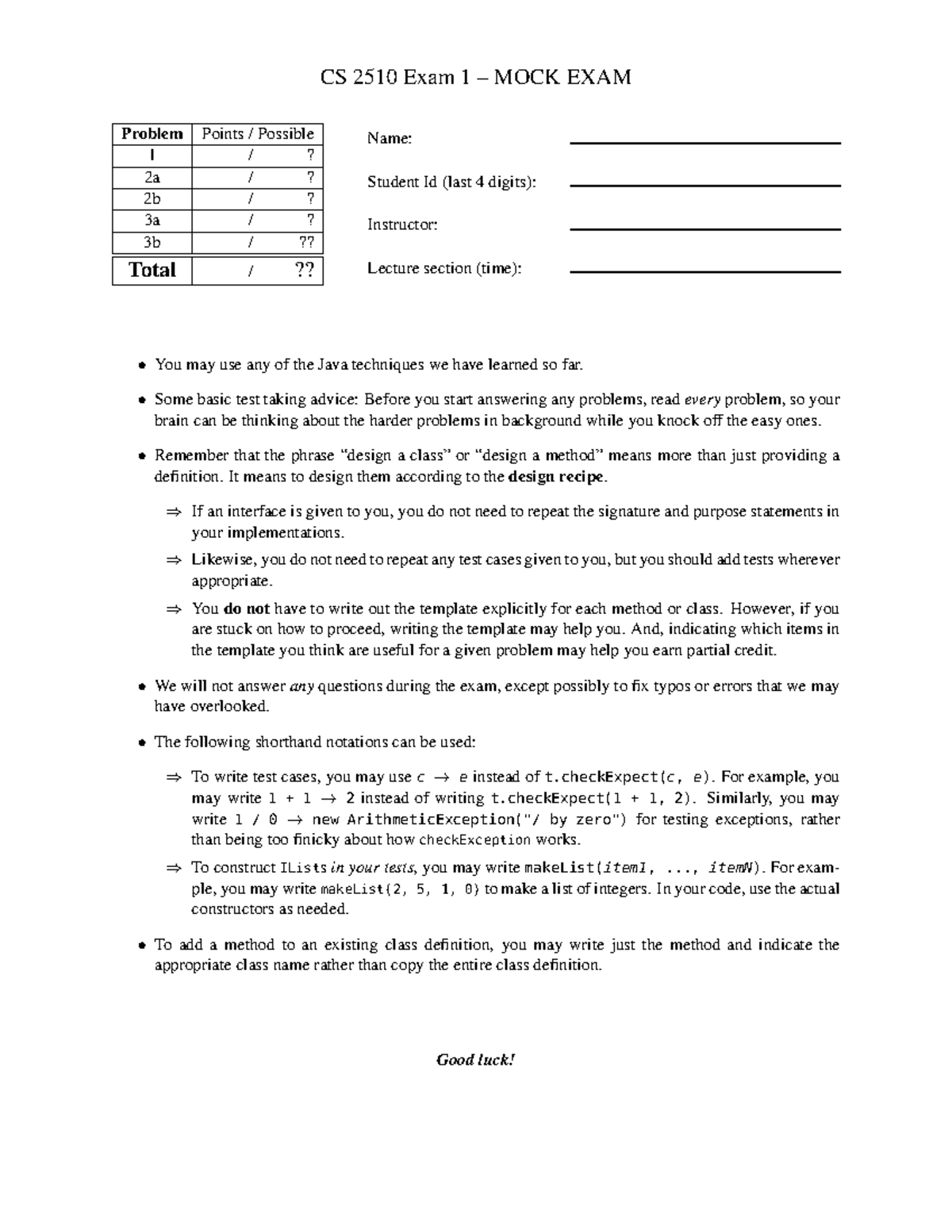 Exam1practice - CS 2510 Exam 1 – MOCK EXAM Problem Points / Possible 1 ...