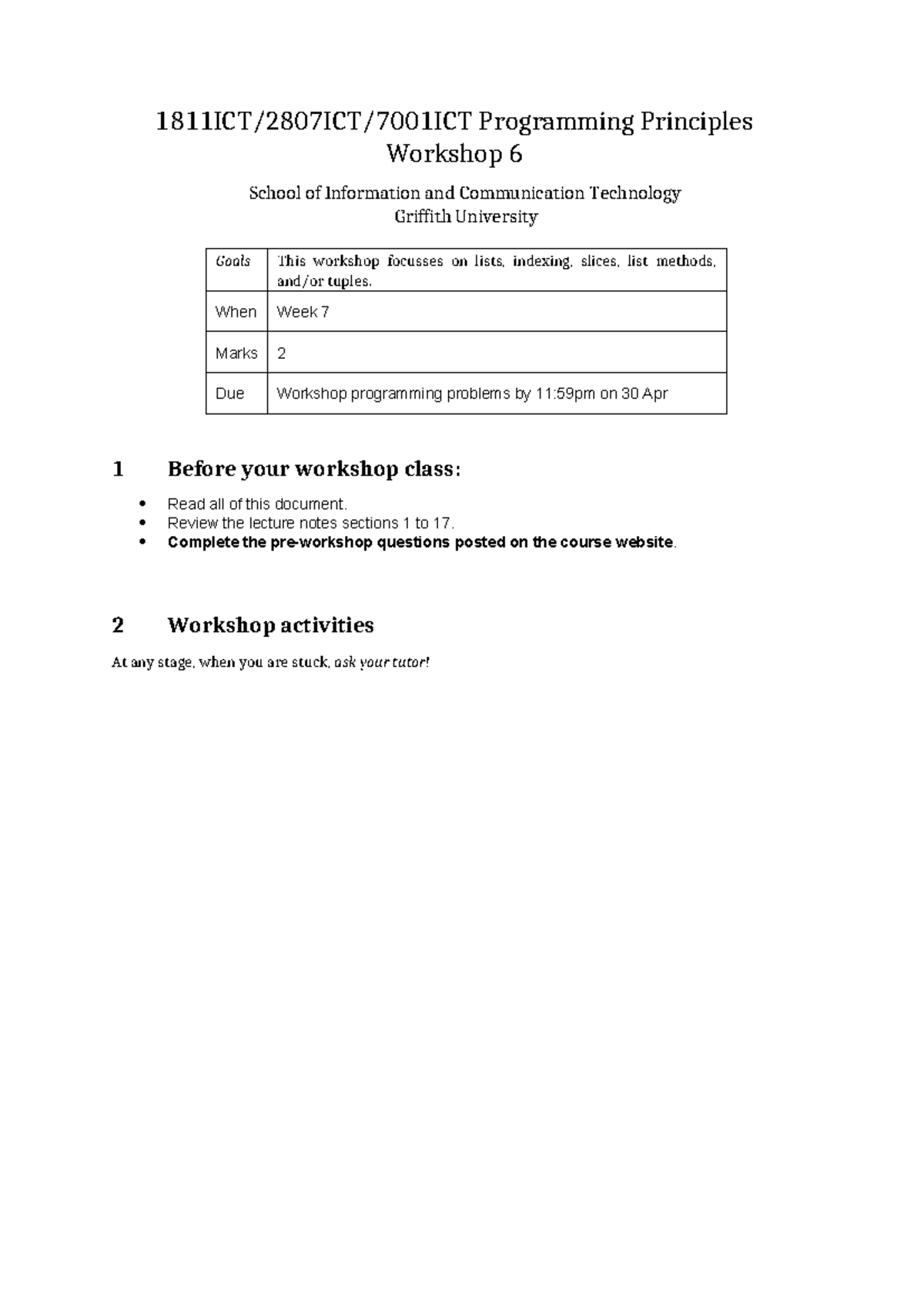 Programming Principles Workshop 6 1811ict 2807ict 7001ict Programming