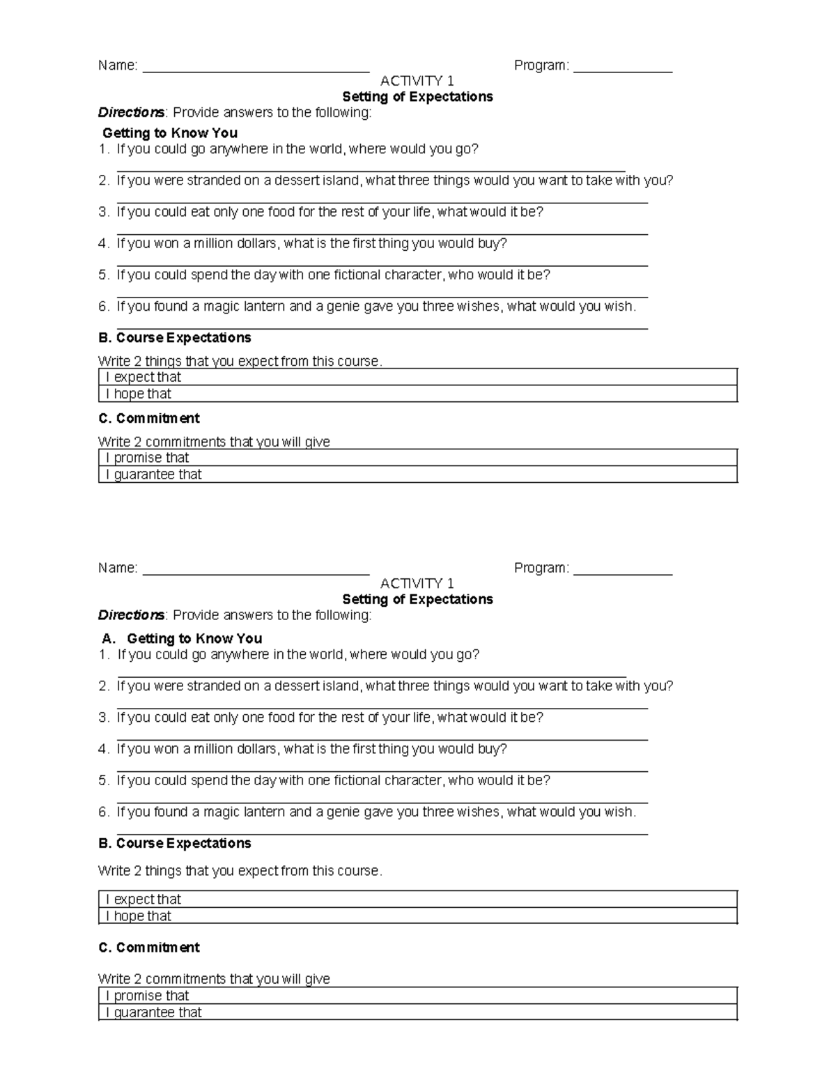 Activity 1 Setting of Expectations - Name ...