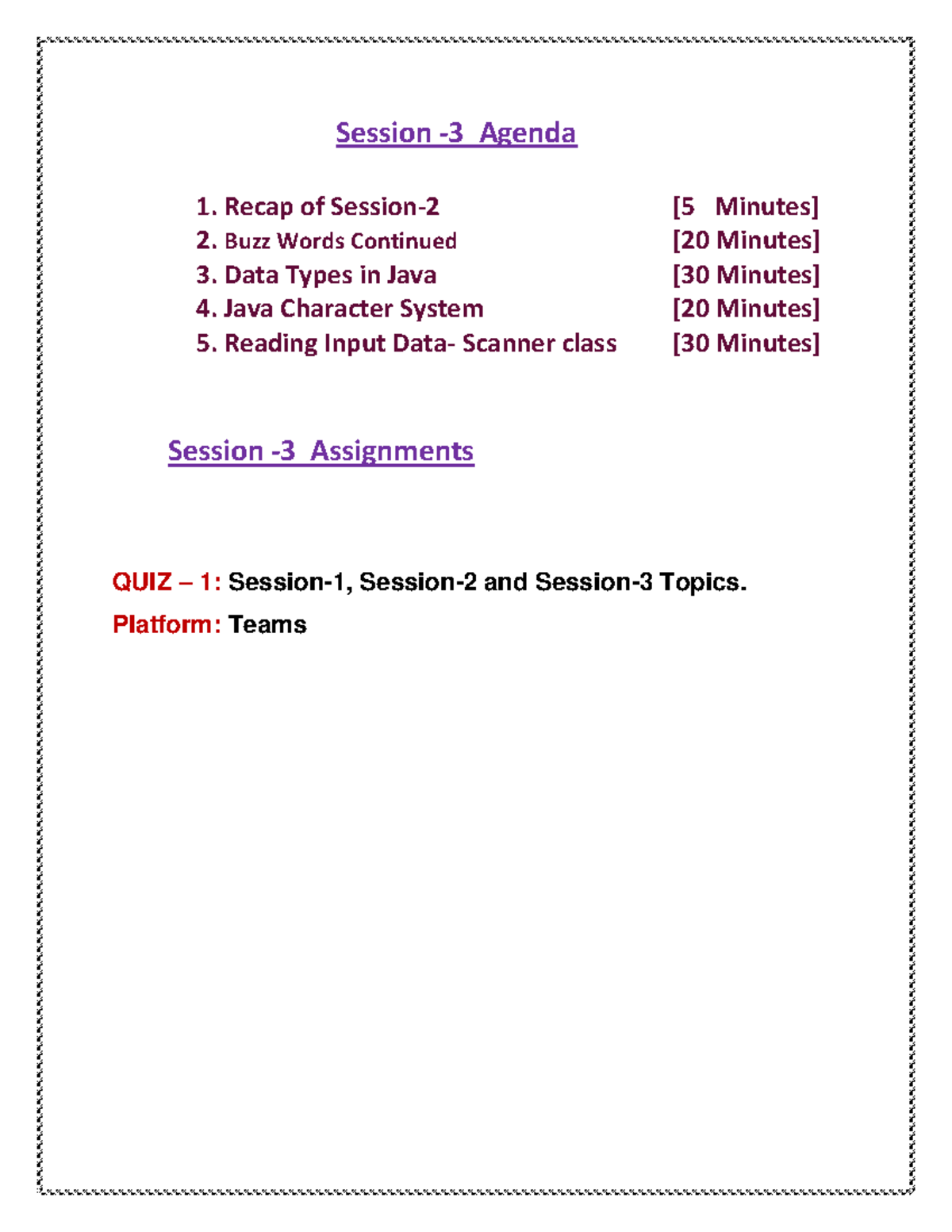Session-3- Data Types-Control Statements - Reading Data - Session - 3 Agenda 1. Recap of Session ...