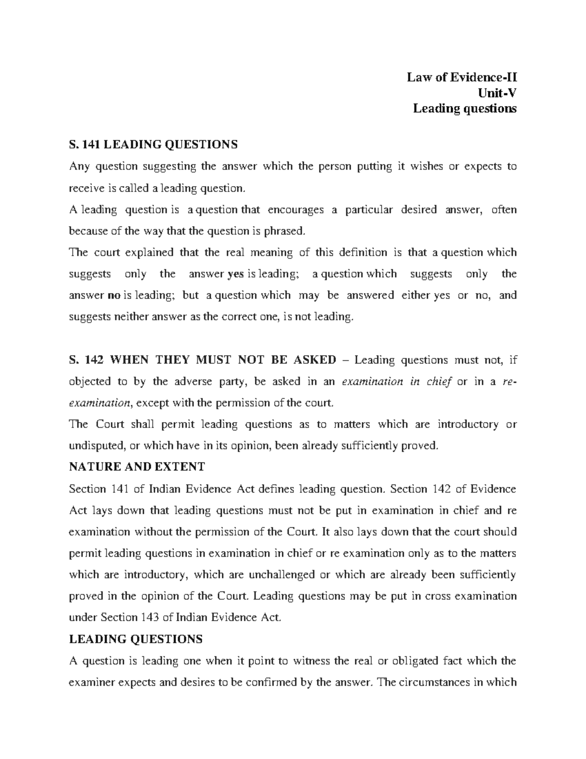 Leading Questions - Evidence Act - Law of Evidence-II Unit-V Leading ...