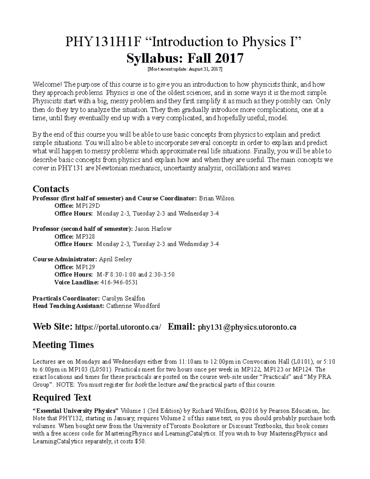 Syllabus PHY 131f17 - outline - PHY131H1F “Introduction to Physics I ...