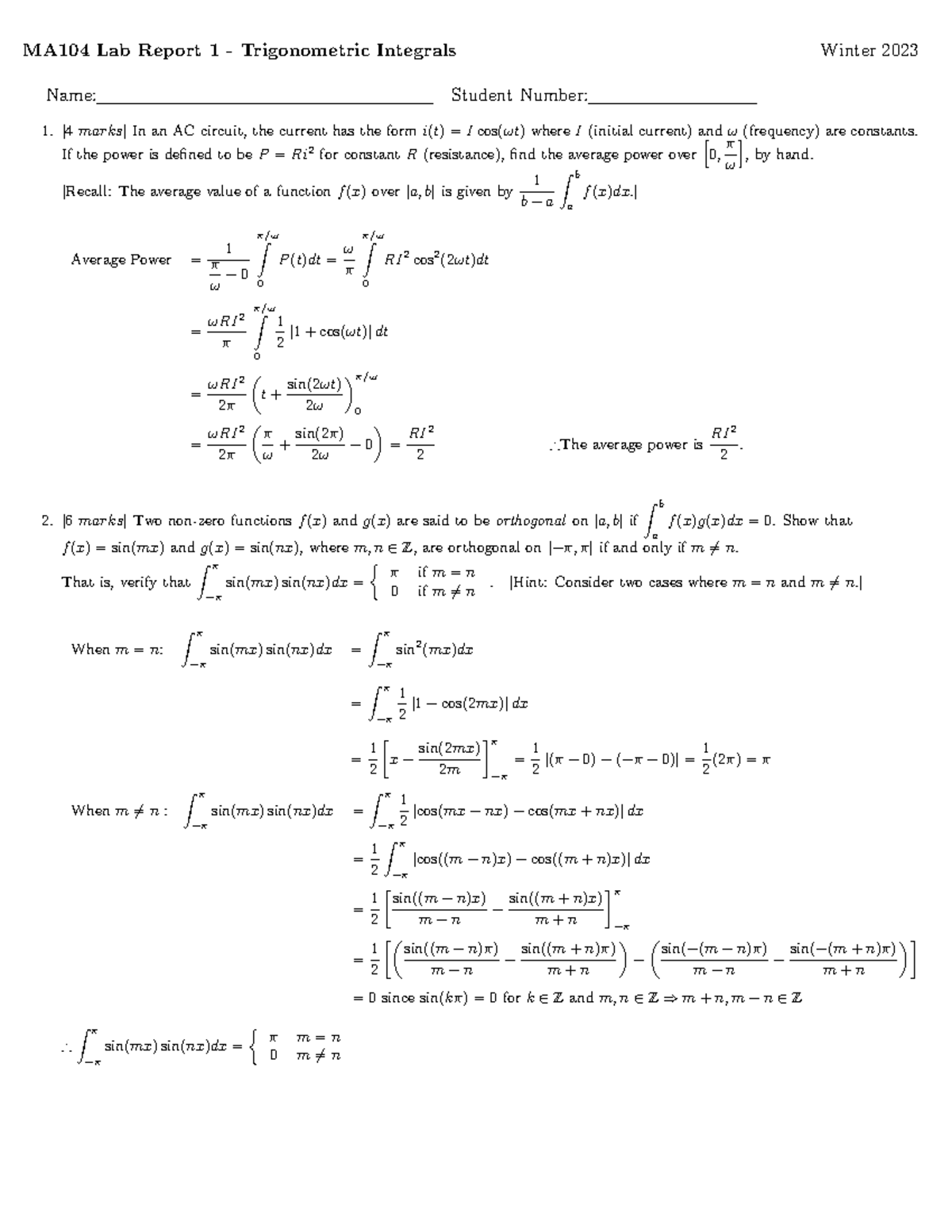 104Lab1Soln - MA104 Lab Report 1 - Trigonometric Integrals Winter 2023 Name: Student Number: [4 ...