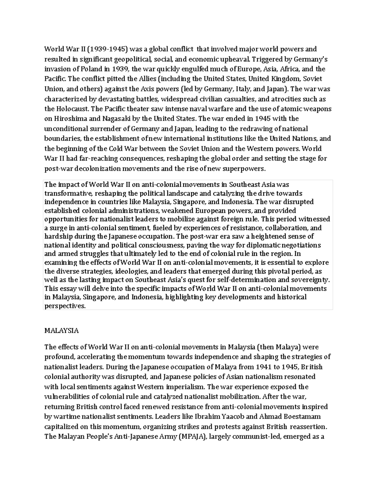 Southeast Asia test notes - World War II (1939-1945) was a global ...