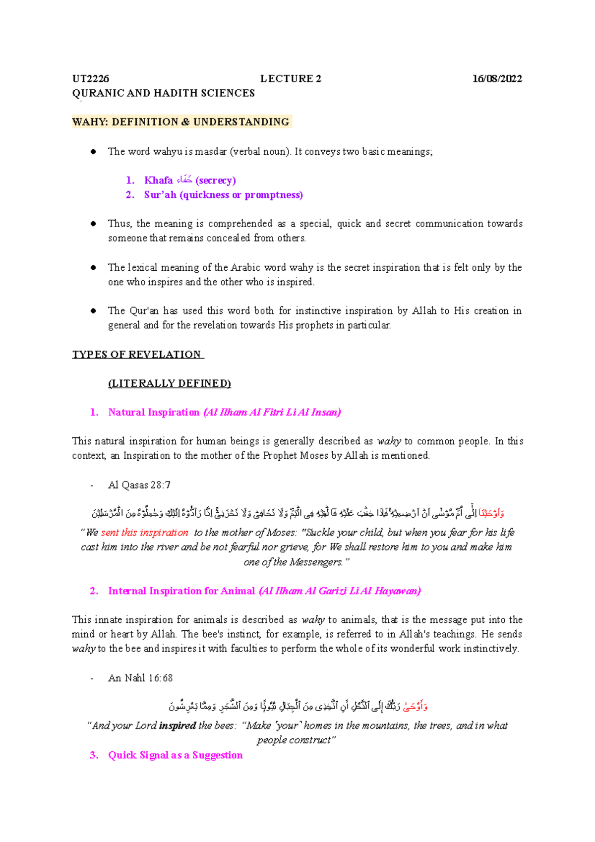 UNDERSTANDING WAHY AND ITS DEFINITION - UT2226 LECTURE 2 16/08/ QURANIC ...